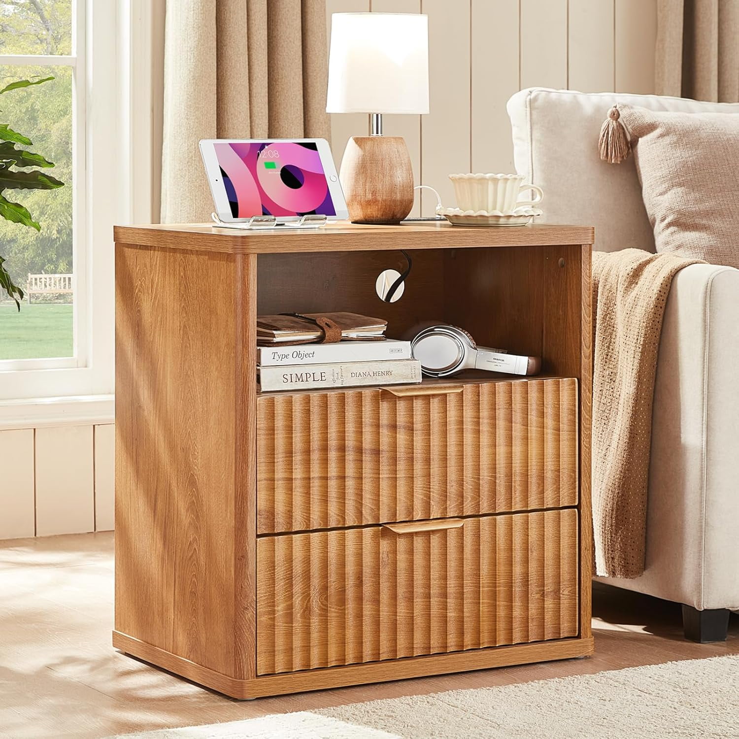 Fluted Nightstand with Charging Station, 23" Wide 2 Drawers End Table ...