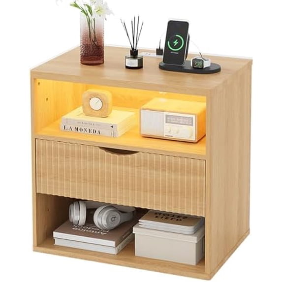Fluted Nightstand with Charging Station,24 Inch Bedside Tables with Led ...