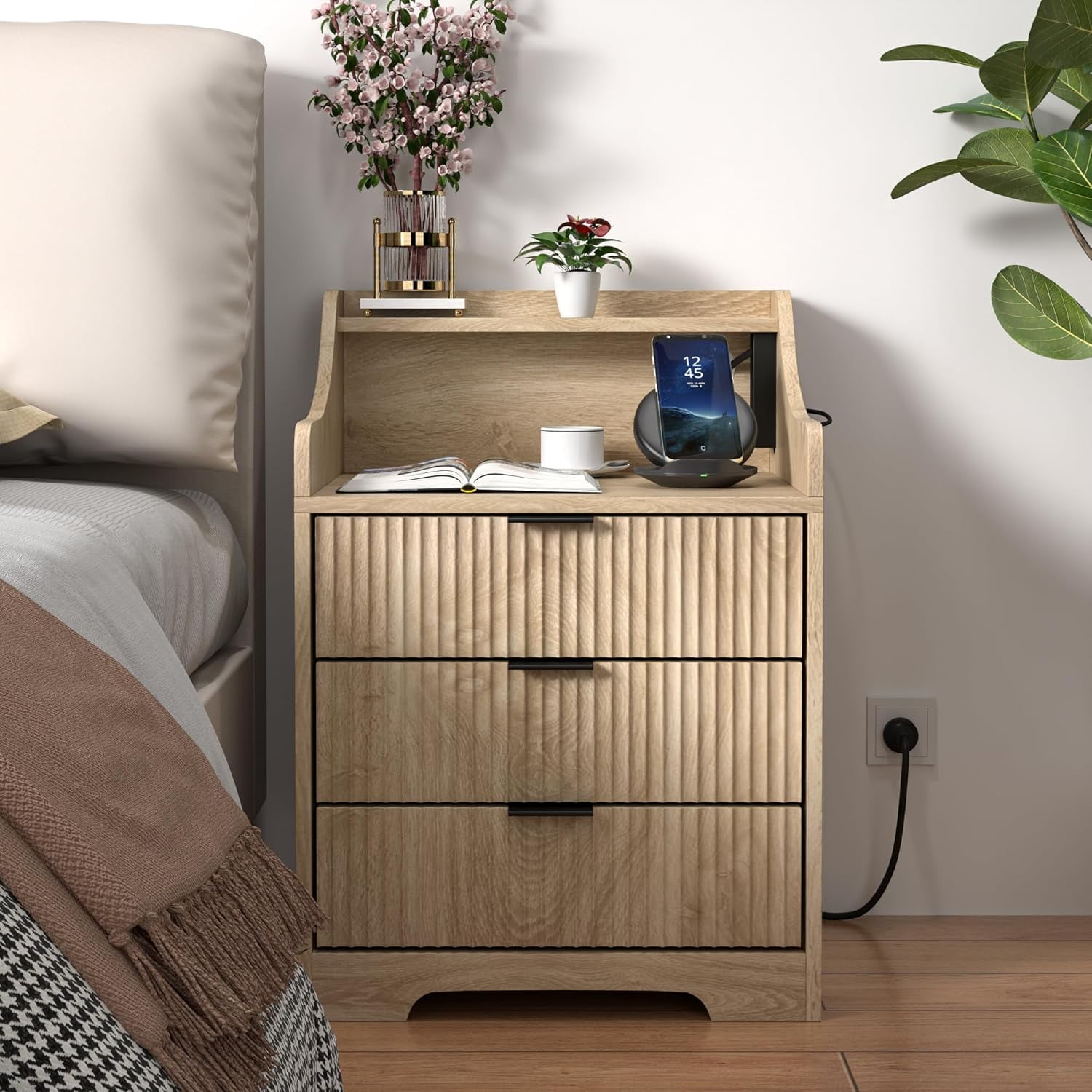 Fluted Nightstand with Charging Station Accent Fluted Bedside Table Mid ...