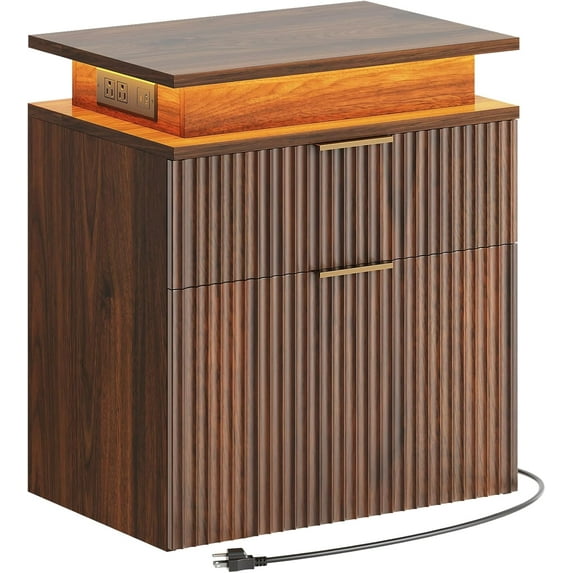 Fluted Nightstand with Charging Station, End Side Table with LED and 2 ...