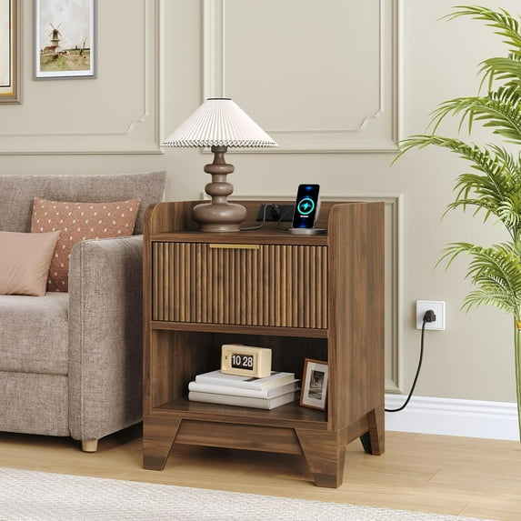 Fluted Nightstand with Charging Station, End Table with Hidden Drawer ...