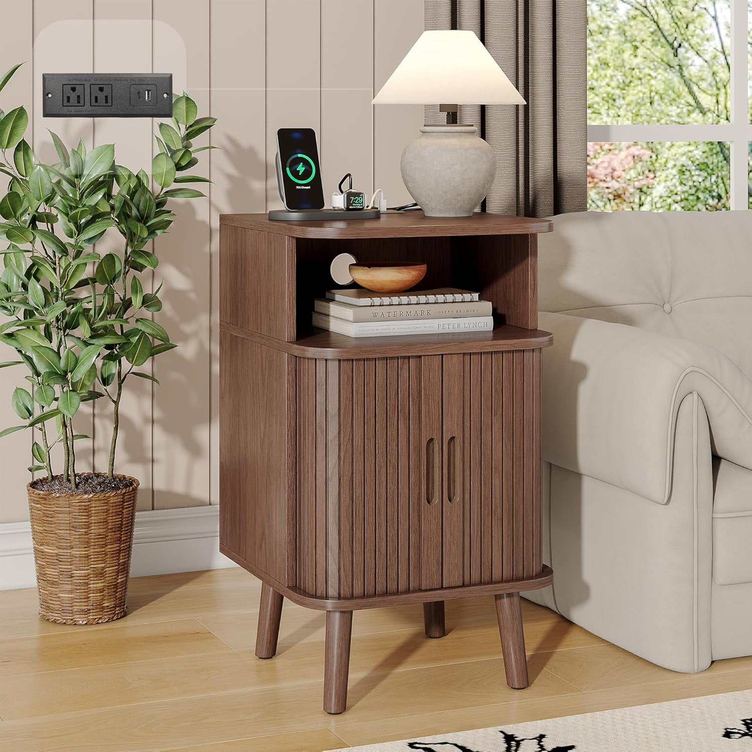 Fluted Nightstand with Charging Station, Mid Century Modern End Table ...