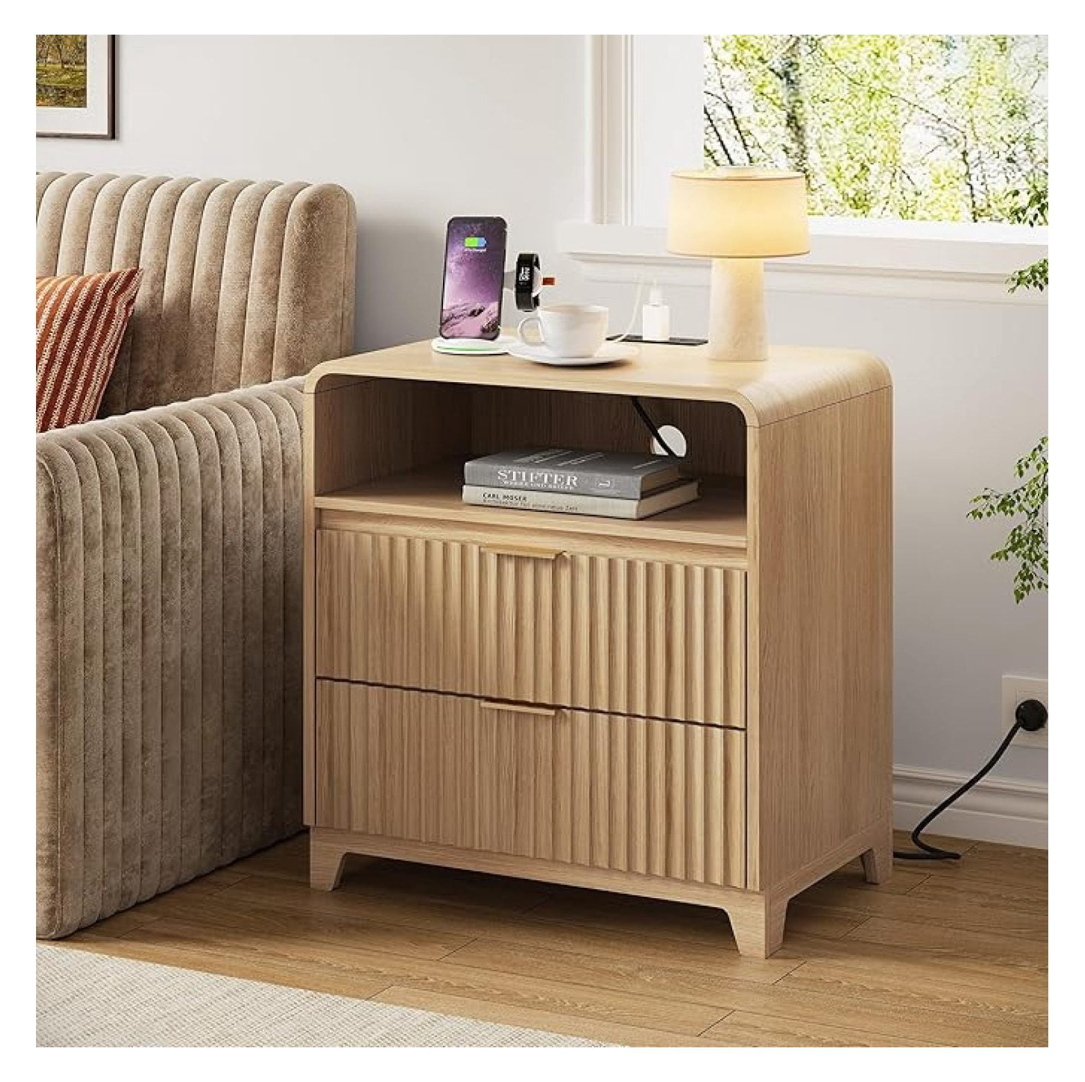 Fluted Nightstand with Charging Station, Modern Bedside Table with USB ...