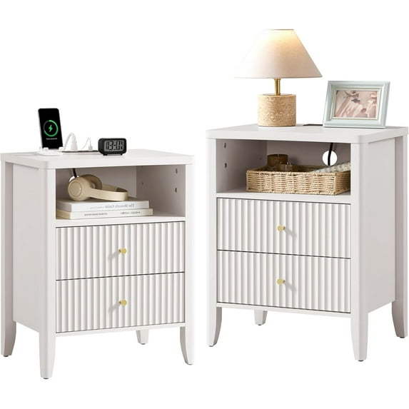 Fluted Nightstand with Charging Station Set of 2, 21" Wide Modern ...