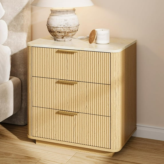 Fluted Nightstand with Charging Station, Wood Bedside Table with Faux ...