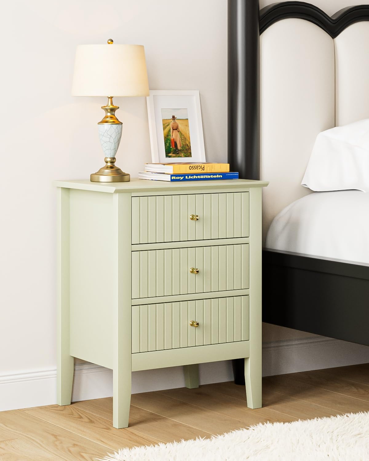 Fluted Nightstand, Farmhouse Night Stand with 3 Drawers, Mid Century ...