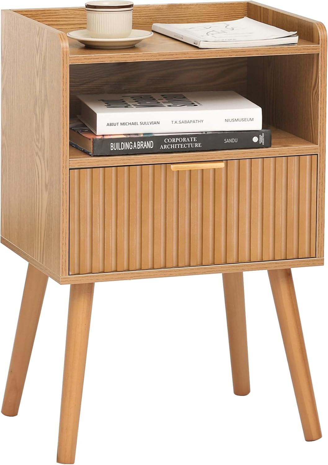 Fluted Nightstand, Mid Century Modern Bedside Table with Storage ...
