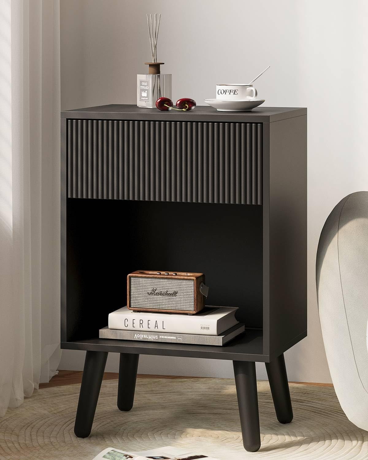 Fluted Nightstand, Modern Bedside Table with Storage Drawers and Open ...