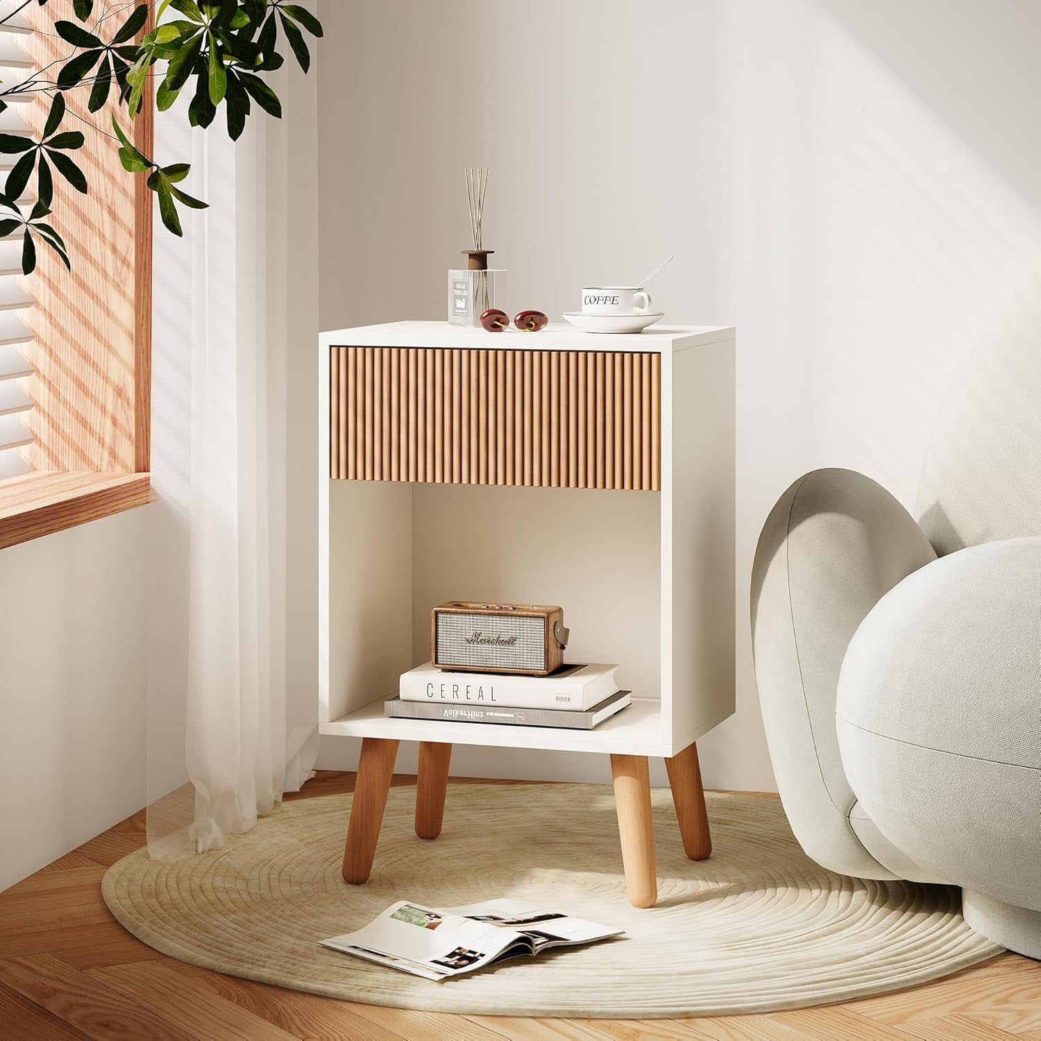 Fluted Nightstand, Modern Bedside Table with Storage Drawers and Open ...