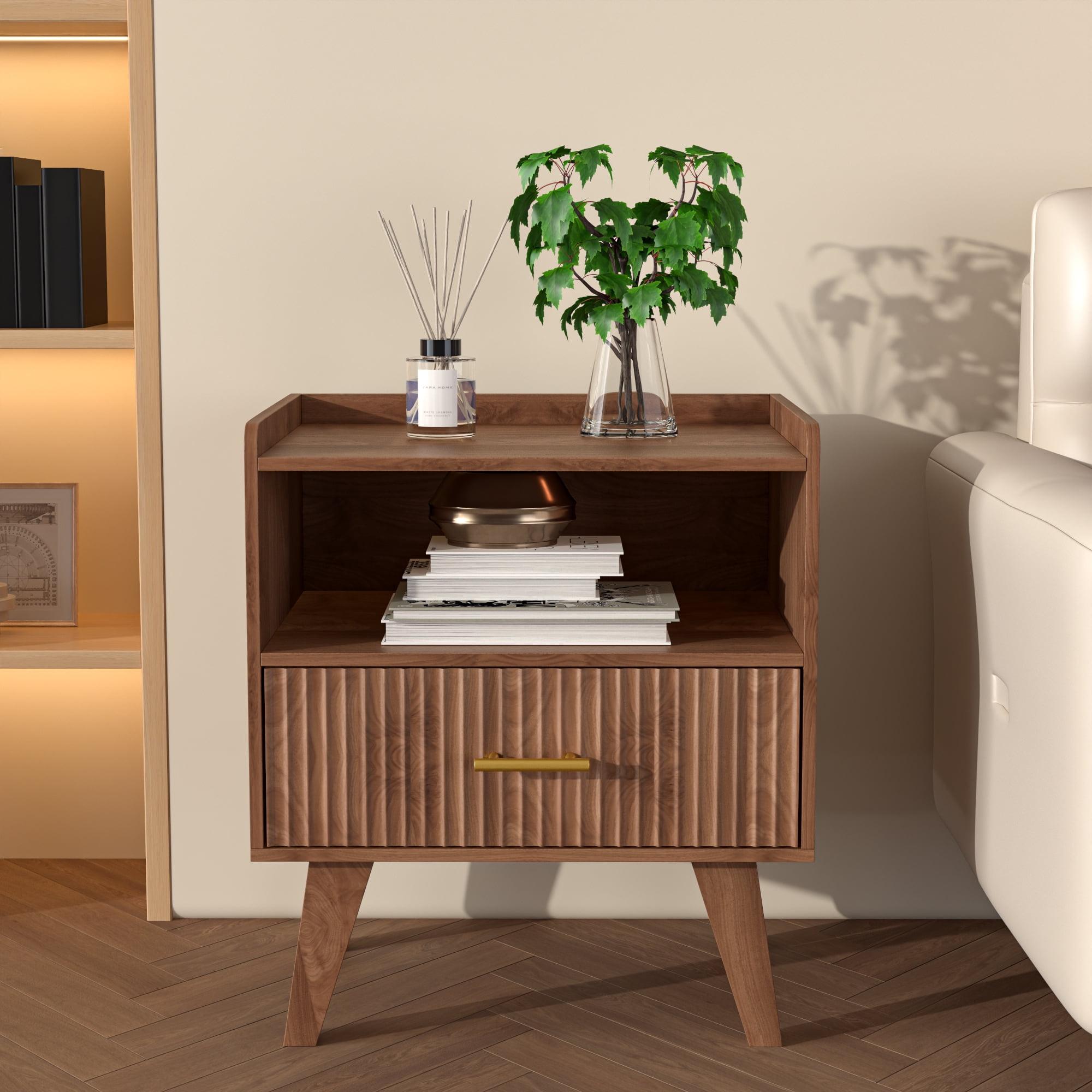 Fluted Nightstand, Modern Bedside Table with Storage Drawer and Open ...