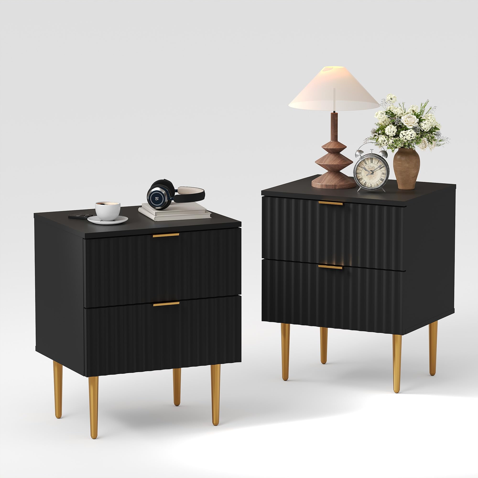 Fluted Nightstand,Modern with Charging Station & 2 Drawers, Gold & Wood ...