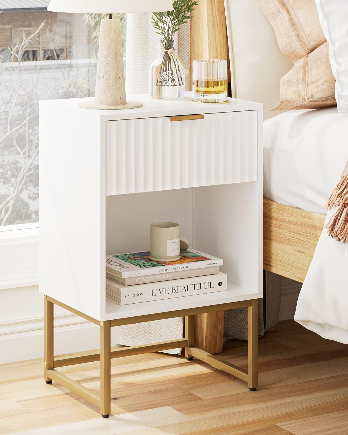 Fluted Nightstand,Modern Night Stand Wood Bedside Table with Storage ...