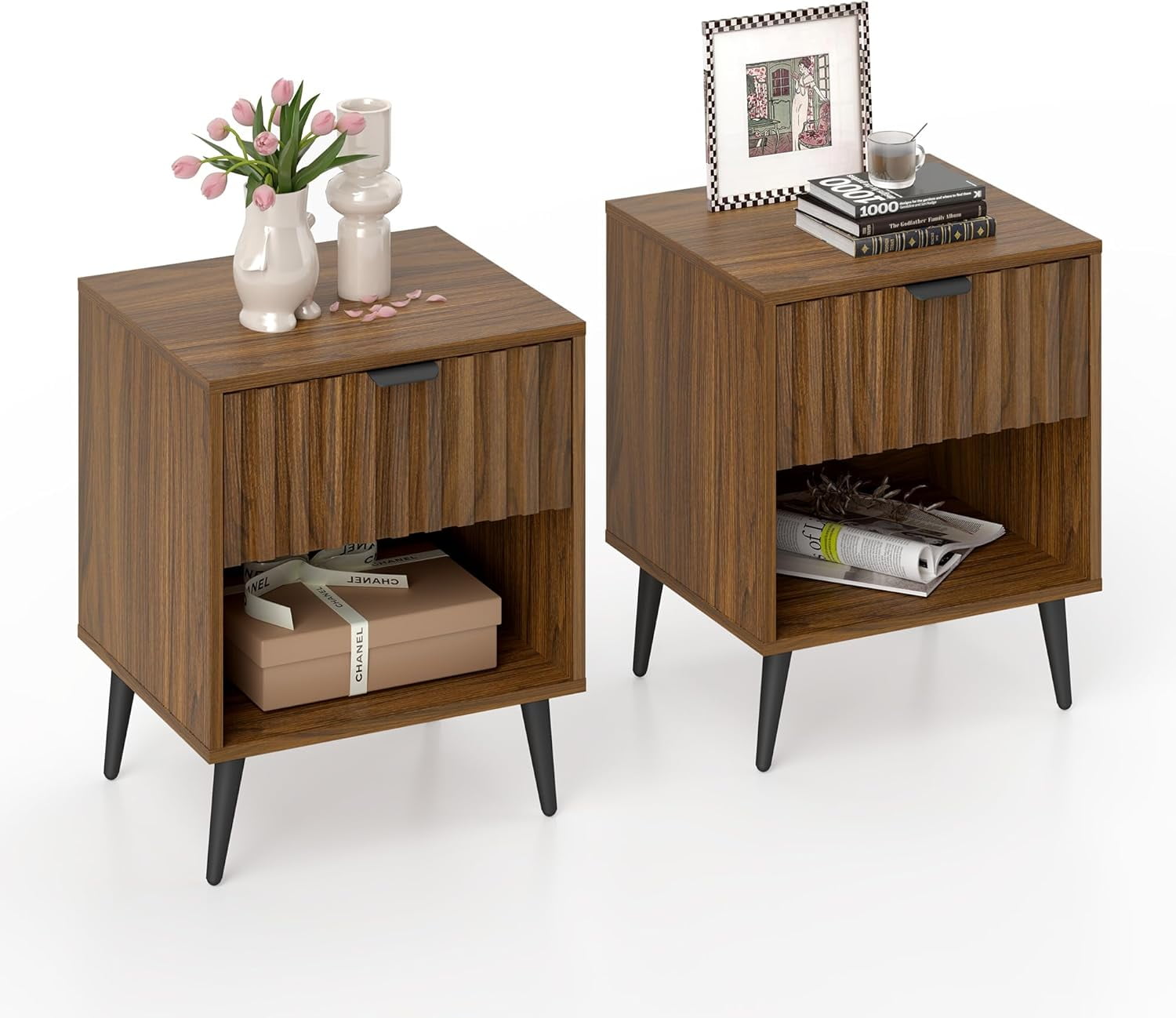 Fluted Nightstand Natural Wood Nightstand with Drawer and Open Storage ...