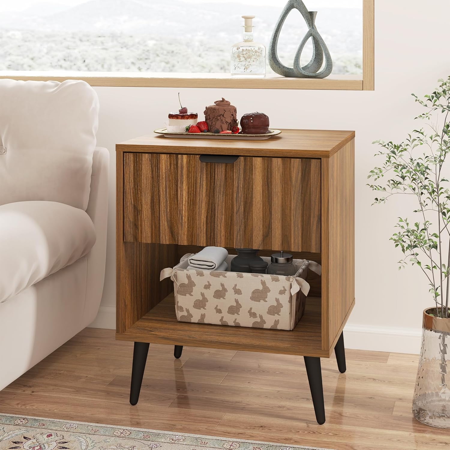 Fluted Nightstand, Natural Wood Nightstand with Drawer and Open Storage ...