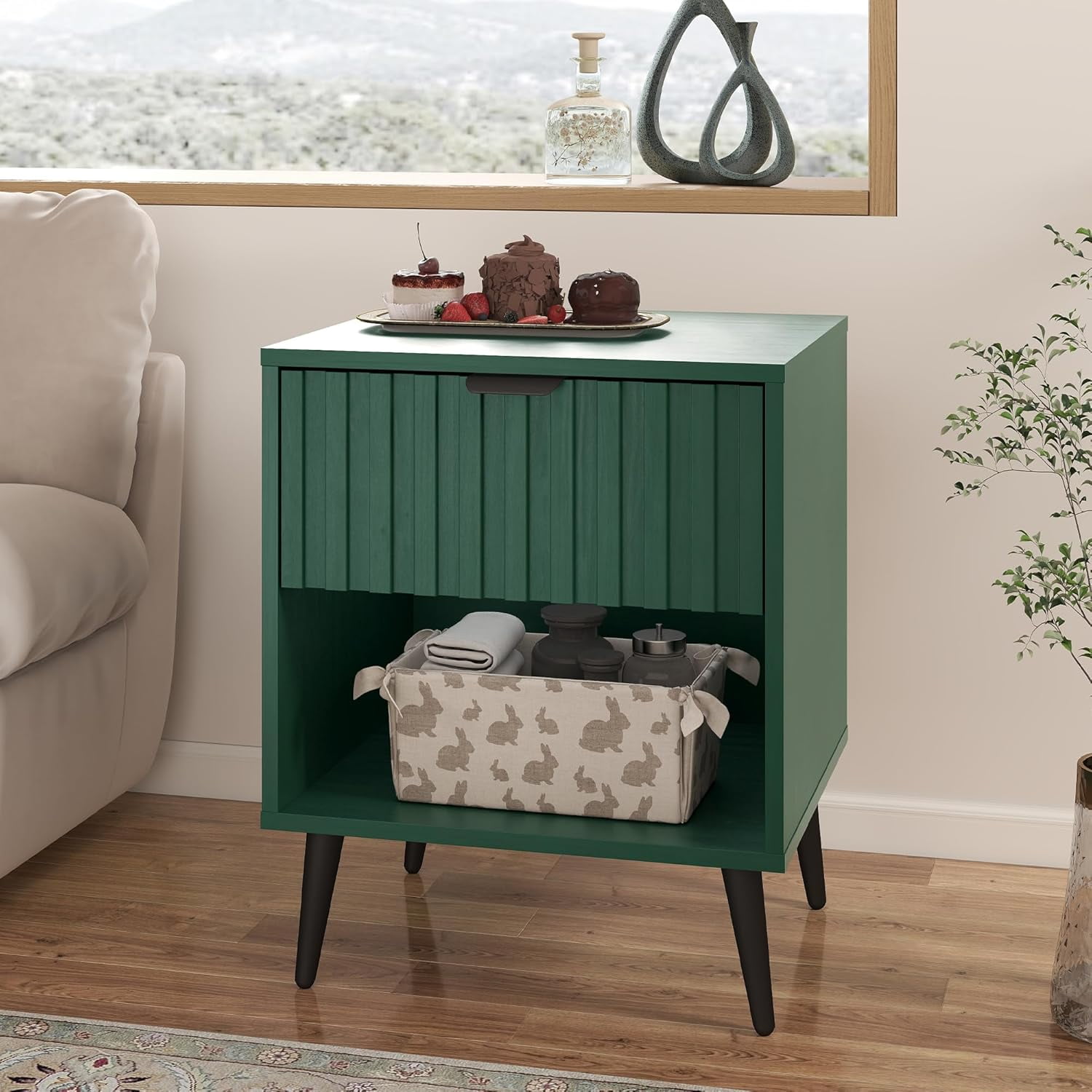Fluted Nightstand, Natural Wood Nightstand with Drawer and Open Storage ...