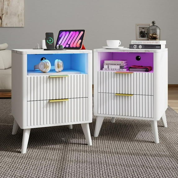 Fluted Nightstand Set of 2, 18" Multi-Color LED Wooden End Table with ...