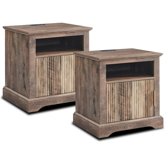 Fluted Nightstand Set of 2, 22" Large Modern Side Table with Charging ...