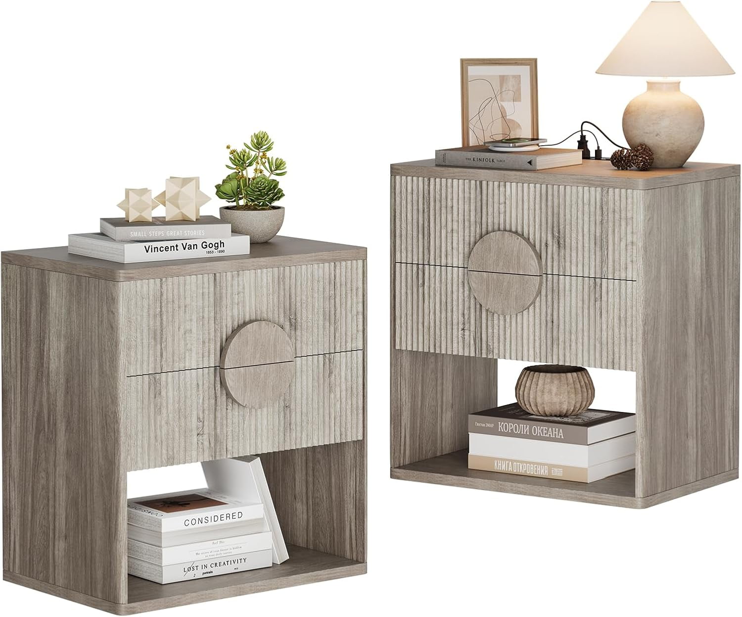 Fluted Nightstand Set of 2 with Charging Station, Side Table with 2 ...