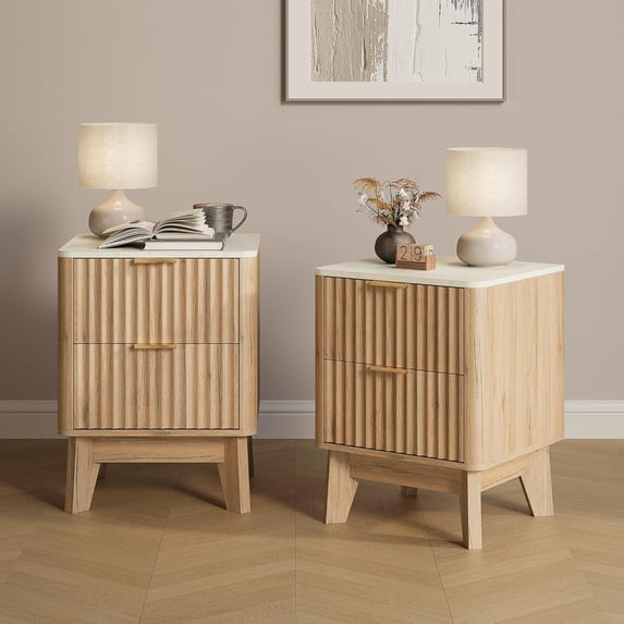 Fluted Nightstand Set of 2,Modern End Table with Faux Marble Top,2 ...