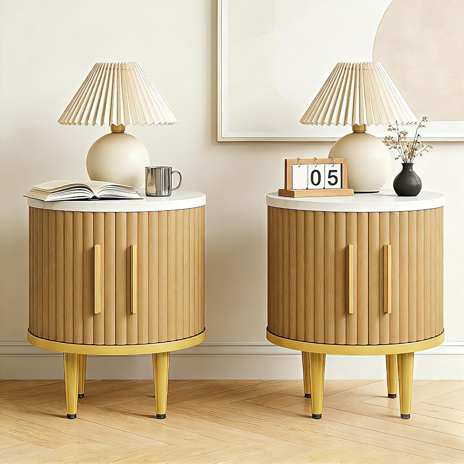 Fluted Nightstand Set of 2, Modern Side Table with Faux Marble Top and ...