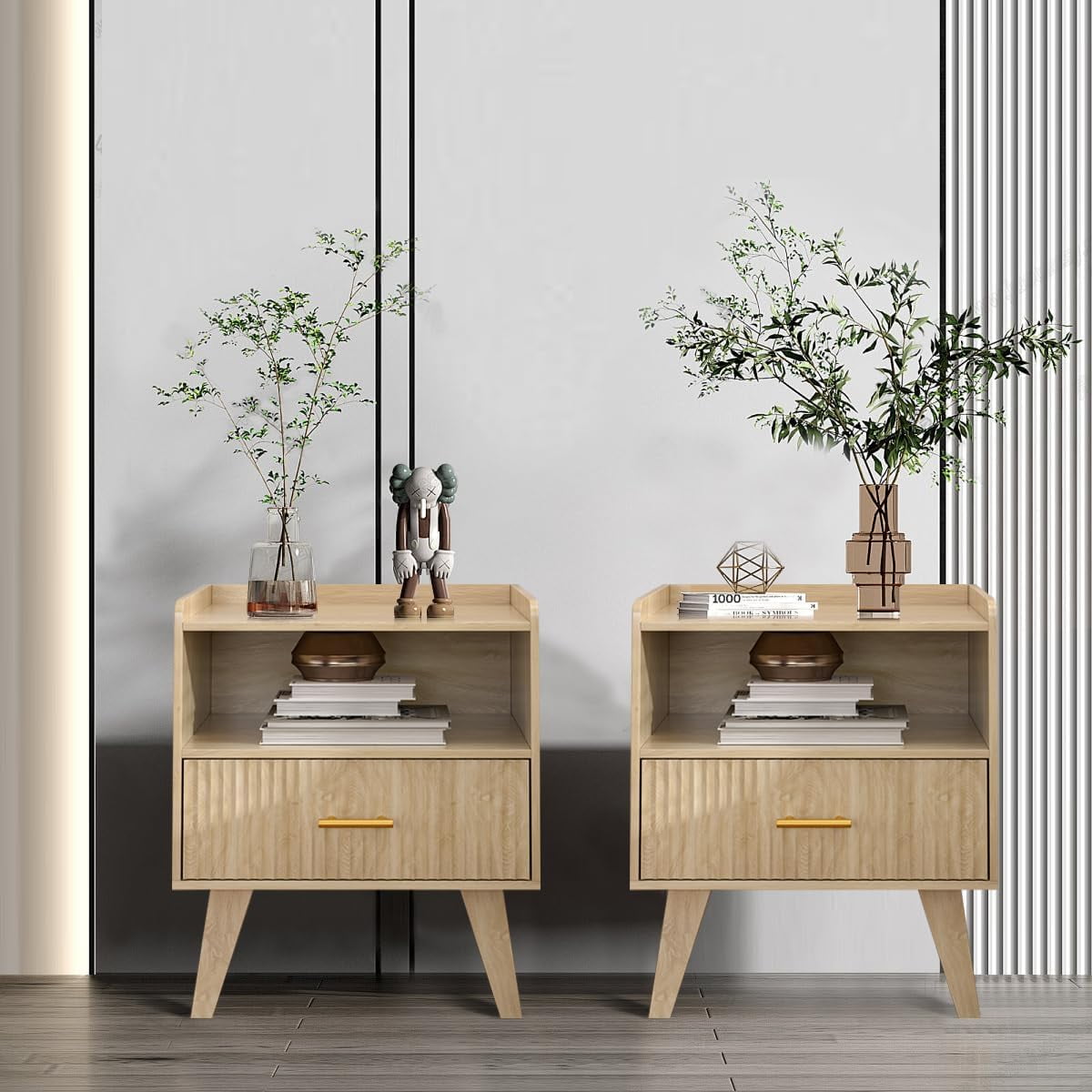 Fluted Nightstand with Storage, Modern Accent Bed Night Stand, Wood ...