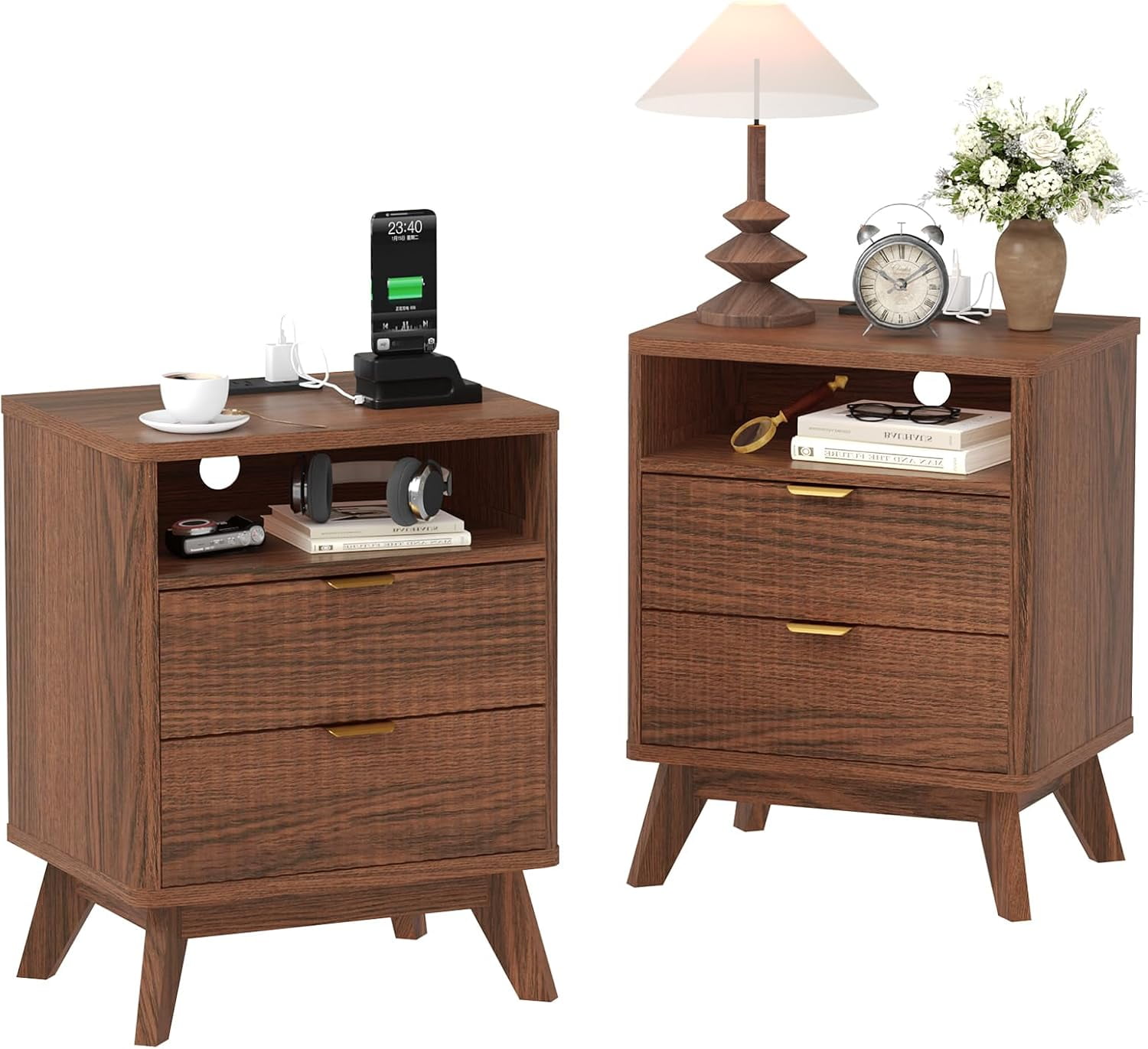 Fluted Nightstand, Wood Night Stands with USB Ports and Outlets, 2 ...