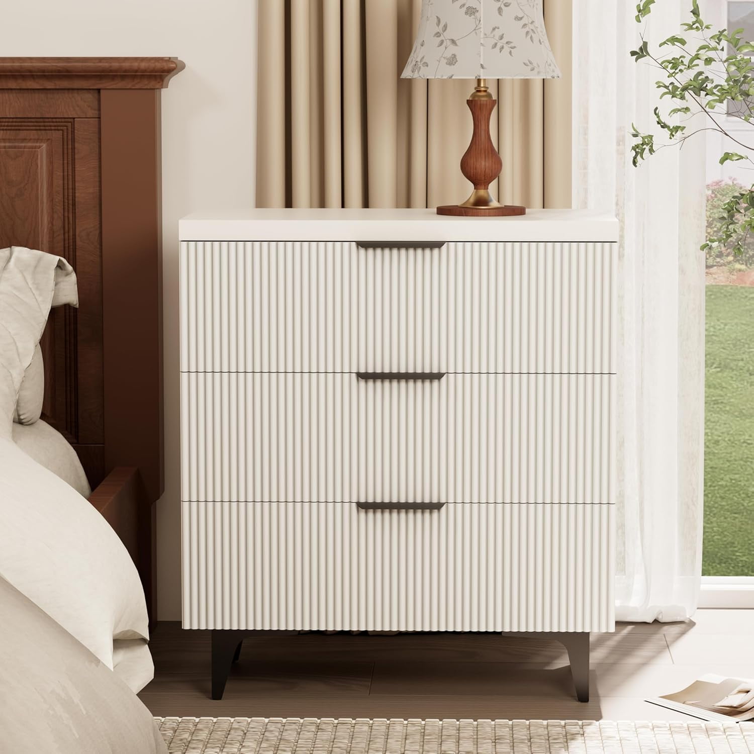 Fluted Nightstand with 3 Drawers, Side End Table, Accent Storage ...