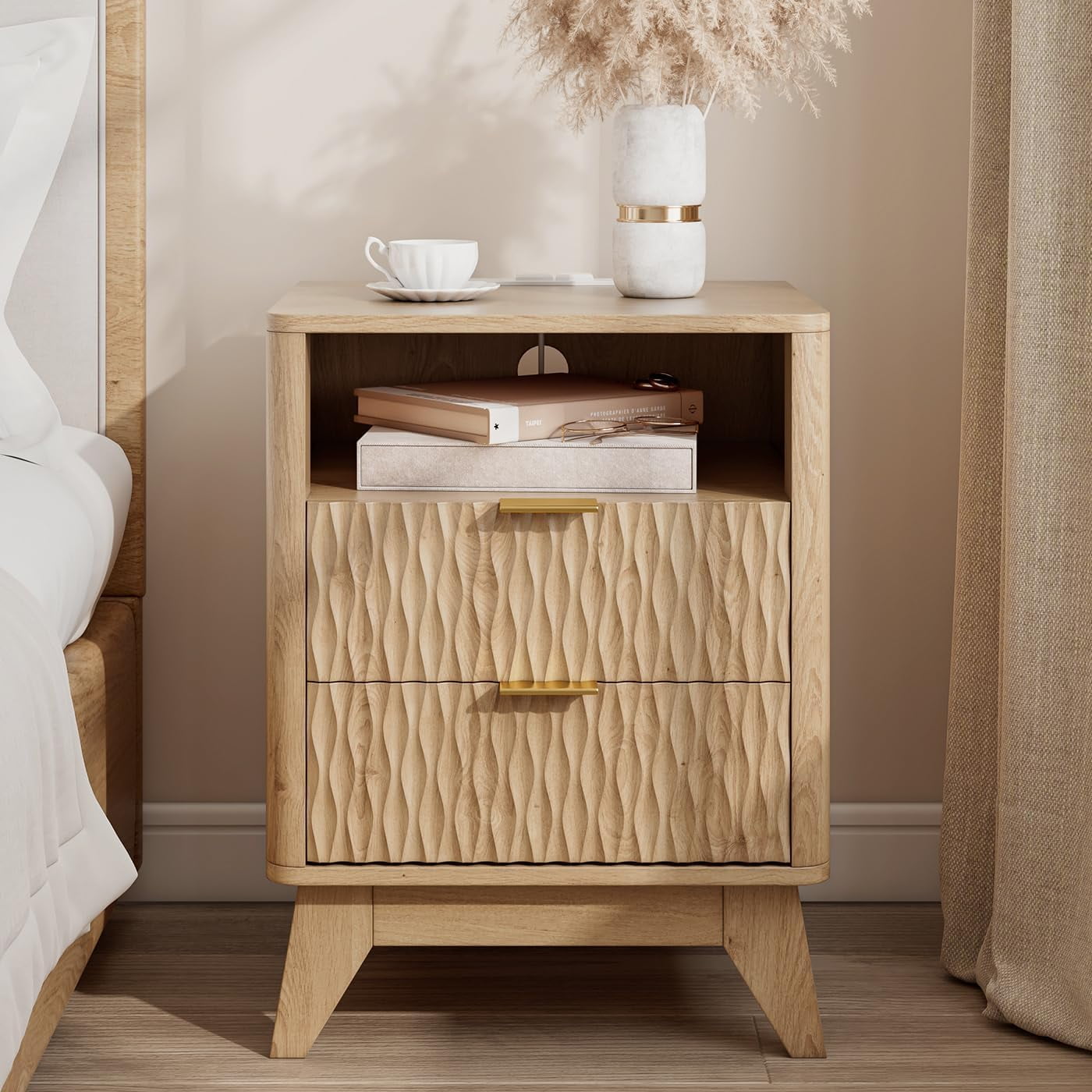 Fluted Nightstand with Charging Station, 18" Modern End Table with ...