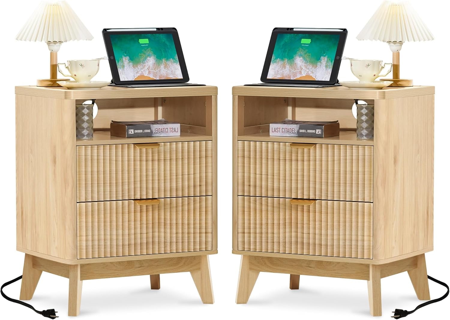 Fluted Nightstand with Charging Station 19.7 inch Wide End with 2 ...