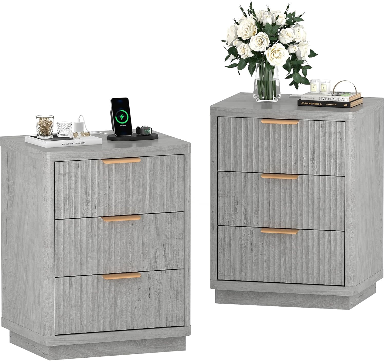 Fluted Nightstand with Charging Station 3-Drawer Wooden End Table USB ...