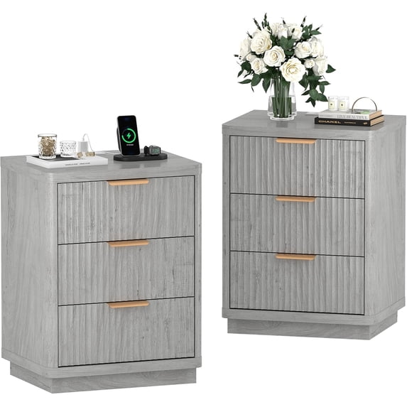 Fluted Nightstand with Charging Station 3-Drawer Wooden End Table USB ...