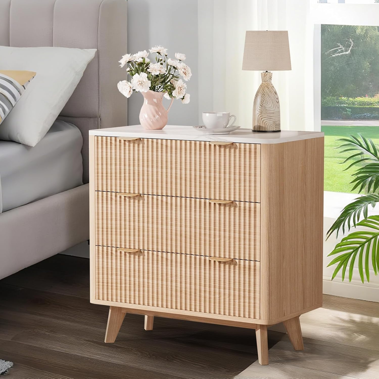 Fluted Nightstand with Faux Marble Top 3 Drawer Bedside Table Modern ...