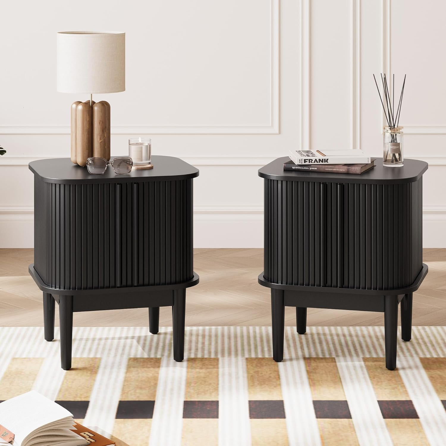 Fluted Nightstand with Sliding Doors Bedside with Solid Wood Legs Wood ...
