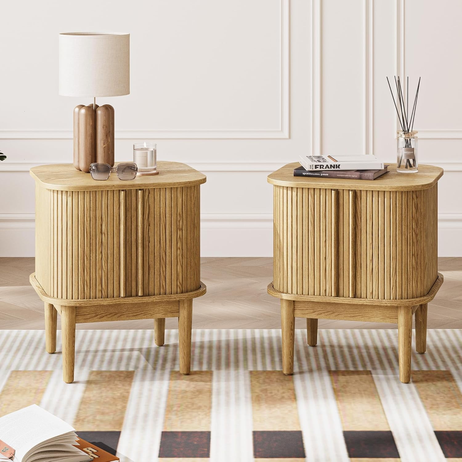 Fluted Nightstand with Sliding Doors, Modern Bedside Table with Solid Wood Legs, Wood Night ...