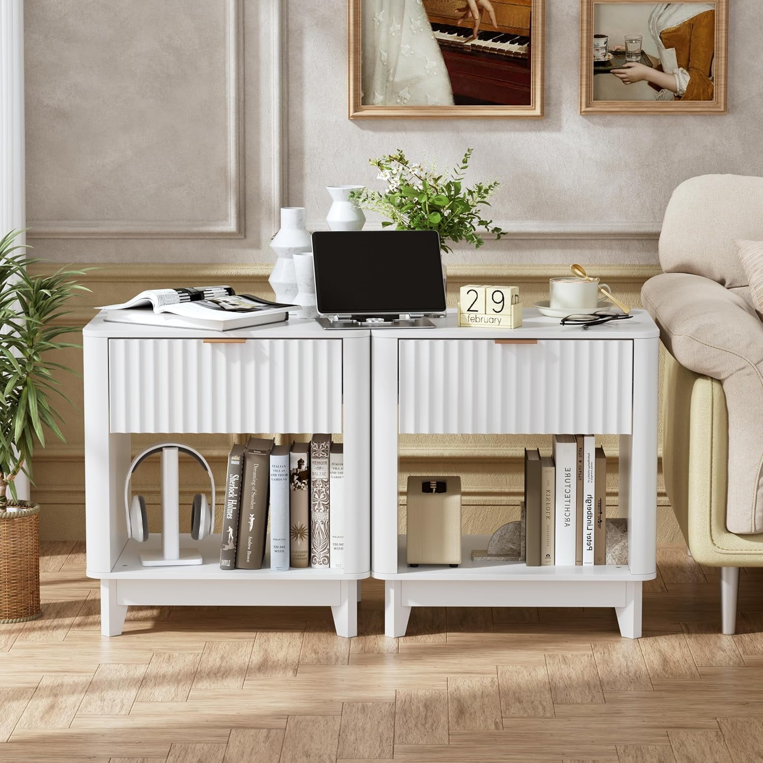 Fluted Nightstands with Drawer Storage Set of 2, Bed Side Table Modern ...