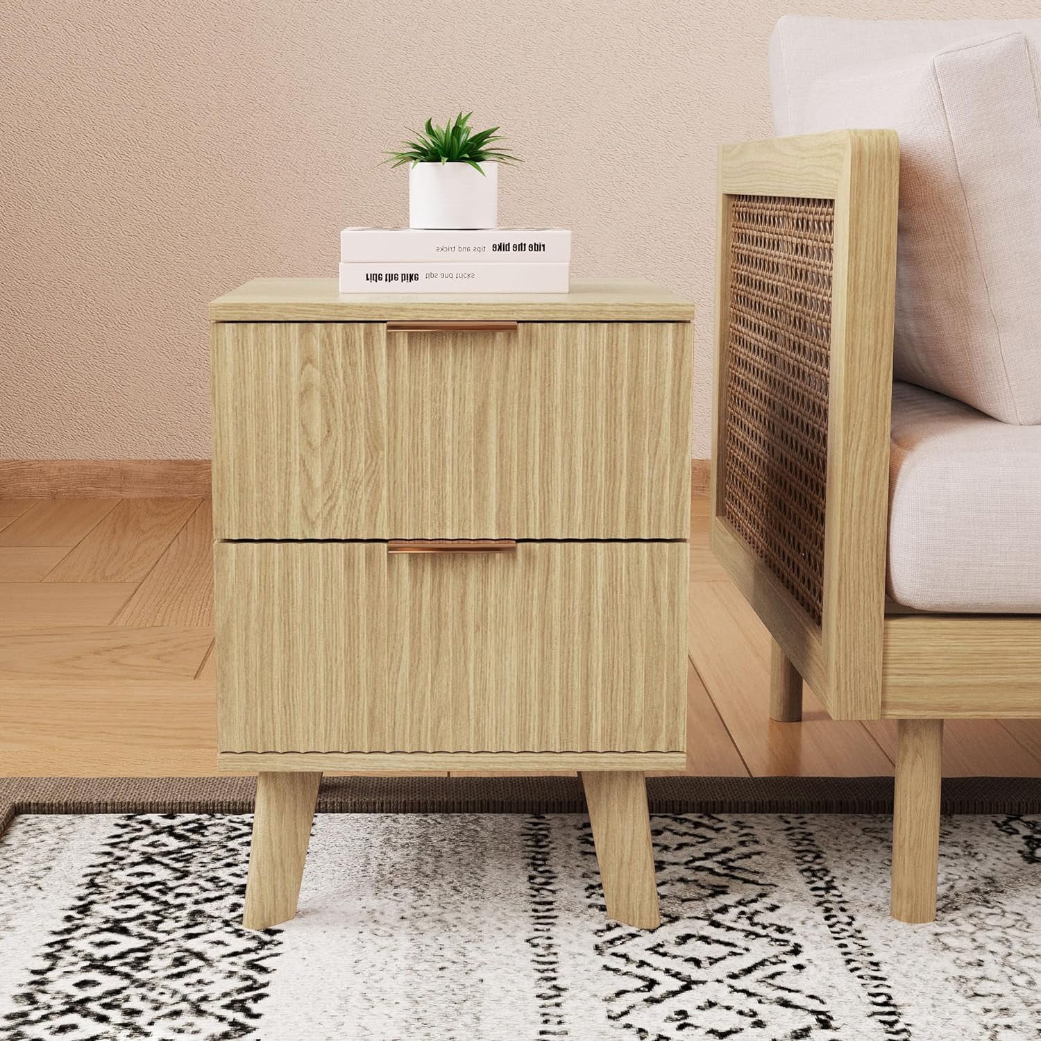 Fluted Nightstands Set of 2 Mid Century Modern 2 Drawer Dresser for ...