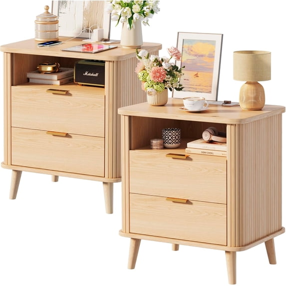 Fluted Nightstands Set of 2, Mid Century Modern Bedside Table with ...