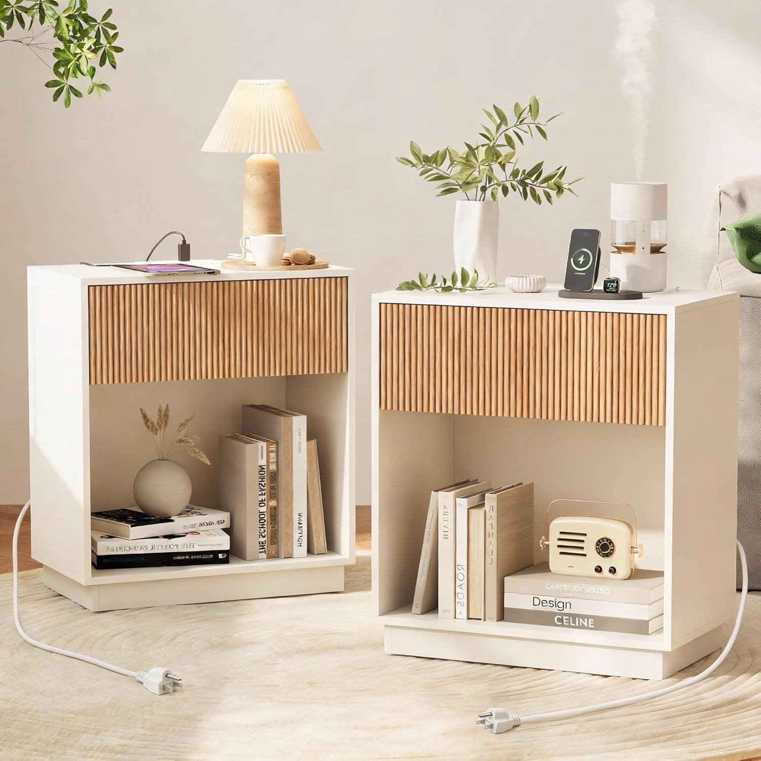 Fluted Nightstands Set of 2, Modern Bedside Table with Drawer and ...