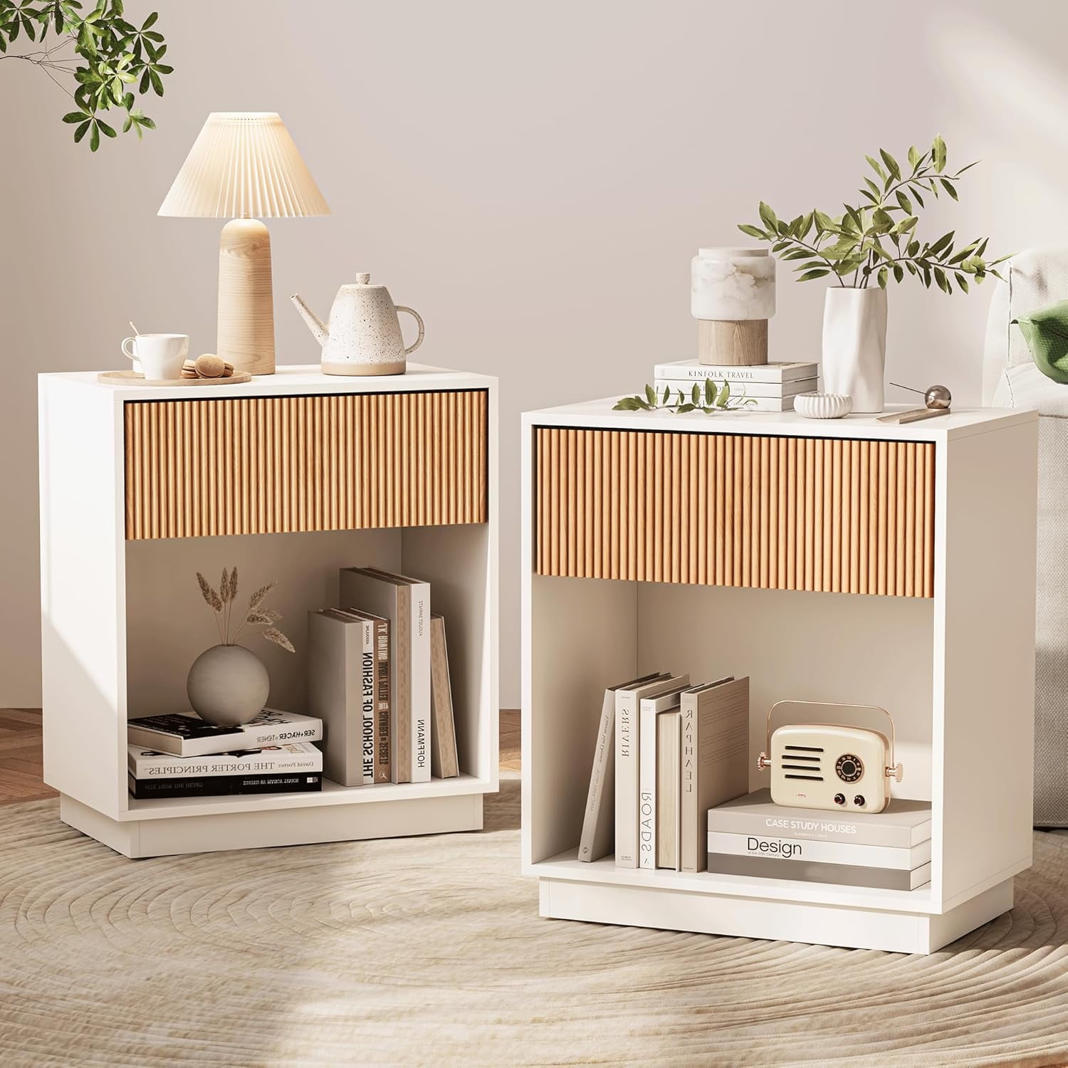 Fluted Nightstands Set of 2, Modern Bedside Table with Drawer and ...