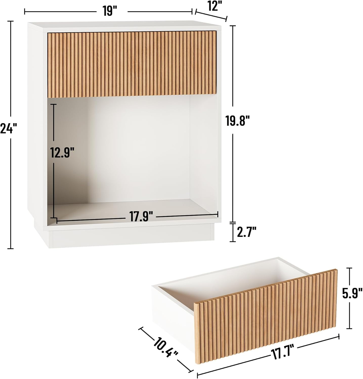 Fluted Nightstands Set of 2, Modern Bedside Table with Drawer and ...