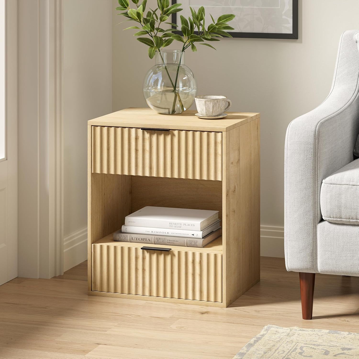 Fluted Nightstands with 2 Drawers and Open Shelves, 19.6" Modern Side ...