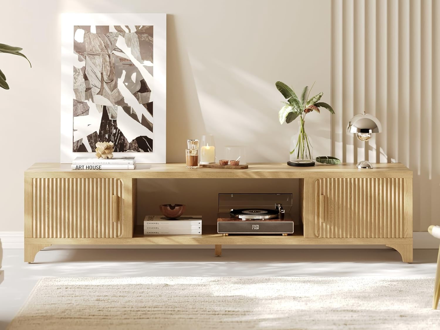 Fluted Oak TV Stands for 65/70/75 Inch TV, Boho Media Console for ...