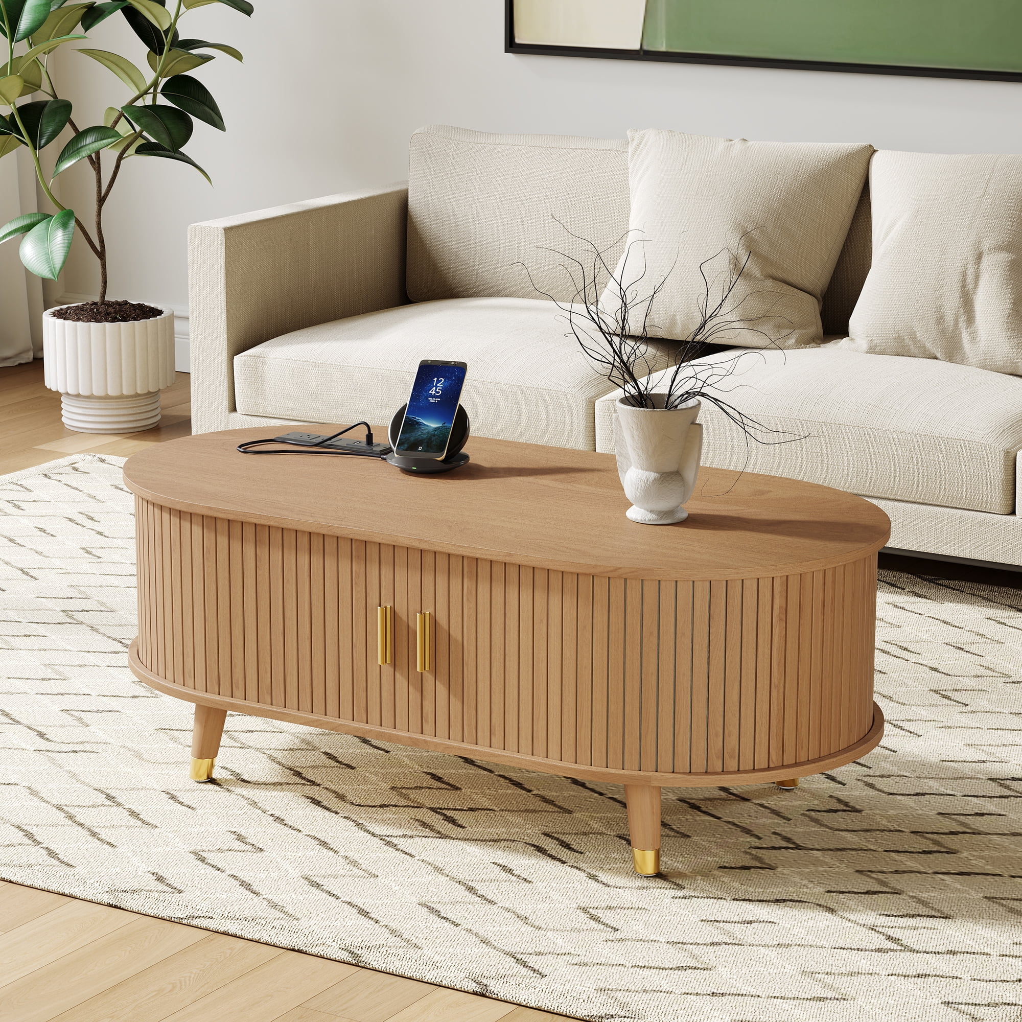 Fluted Oval Coffee Table with Charging Ports (2 AC + 2 USB), Mid ...