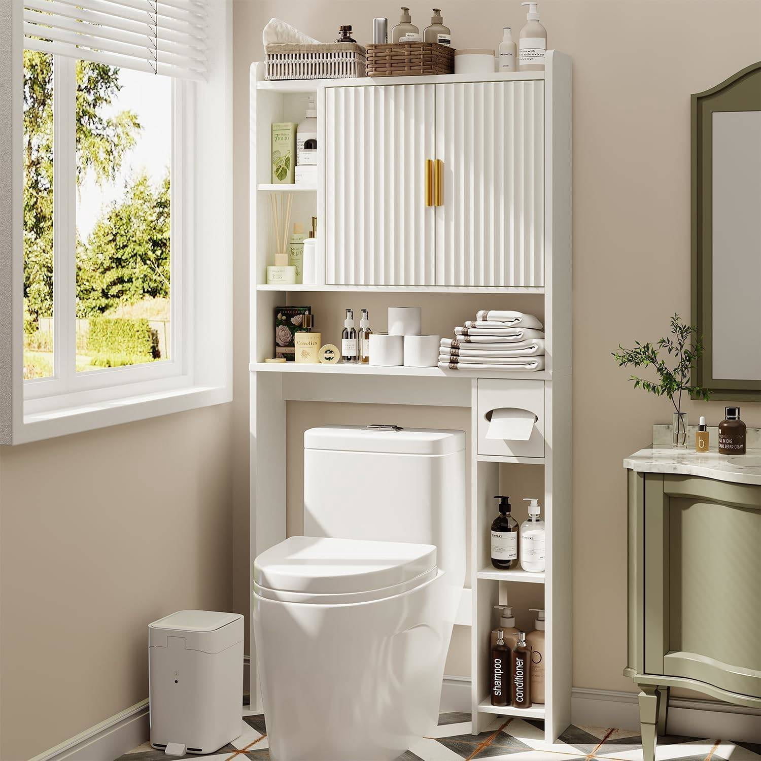 Fluted Over-the-Toilet Storage Cabinet with Toilet Paper Holder, Space ...