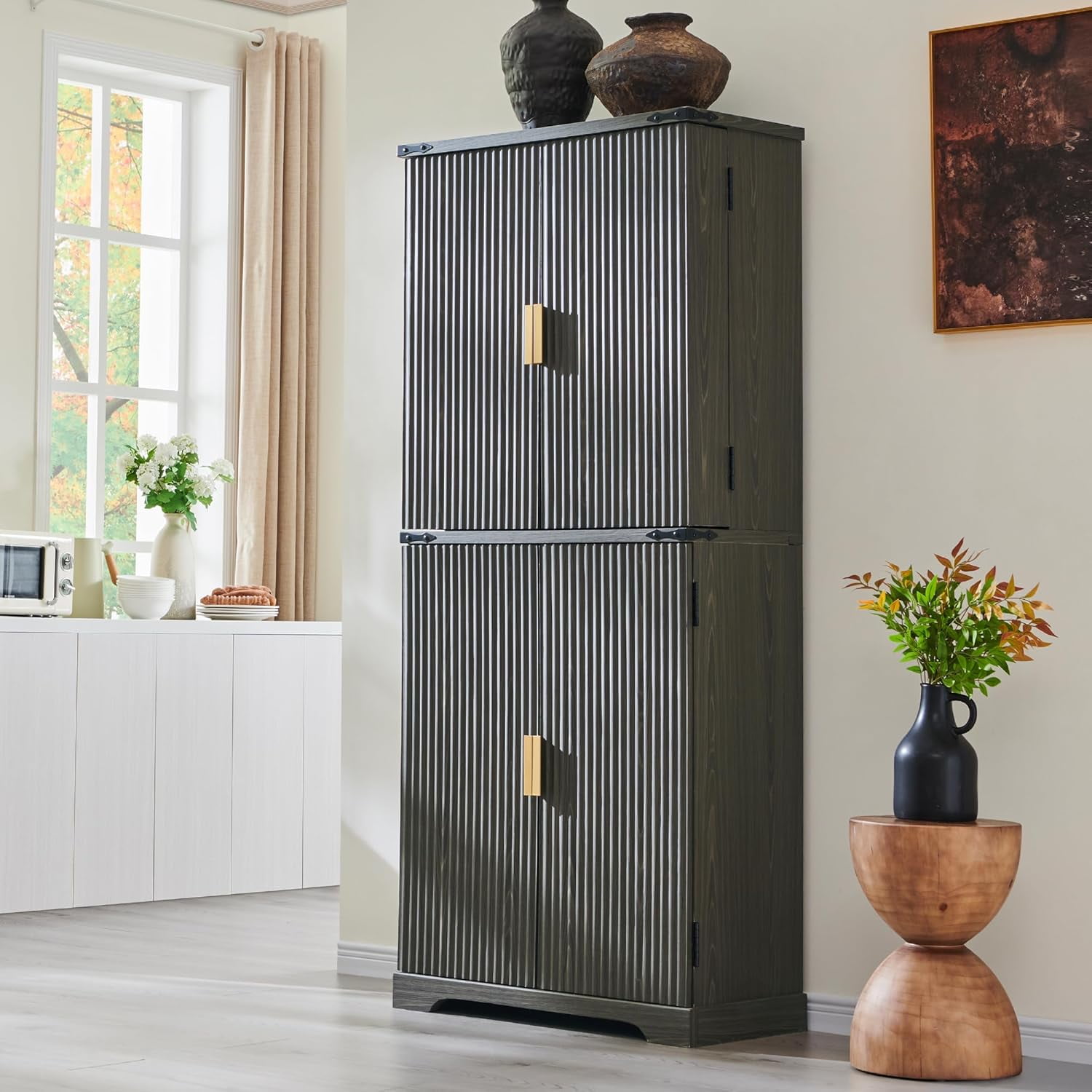 Fluted Pantry Cabinet 72" Tall Storage Cabinet with 4 Doors Organizer ...