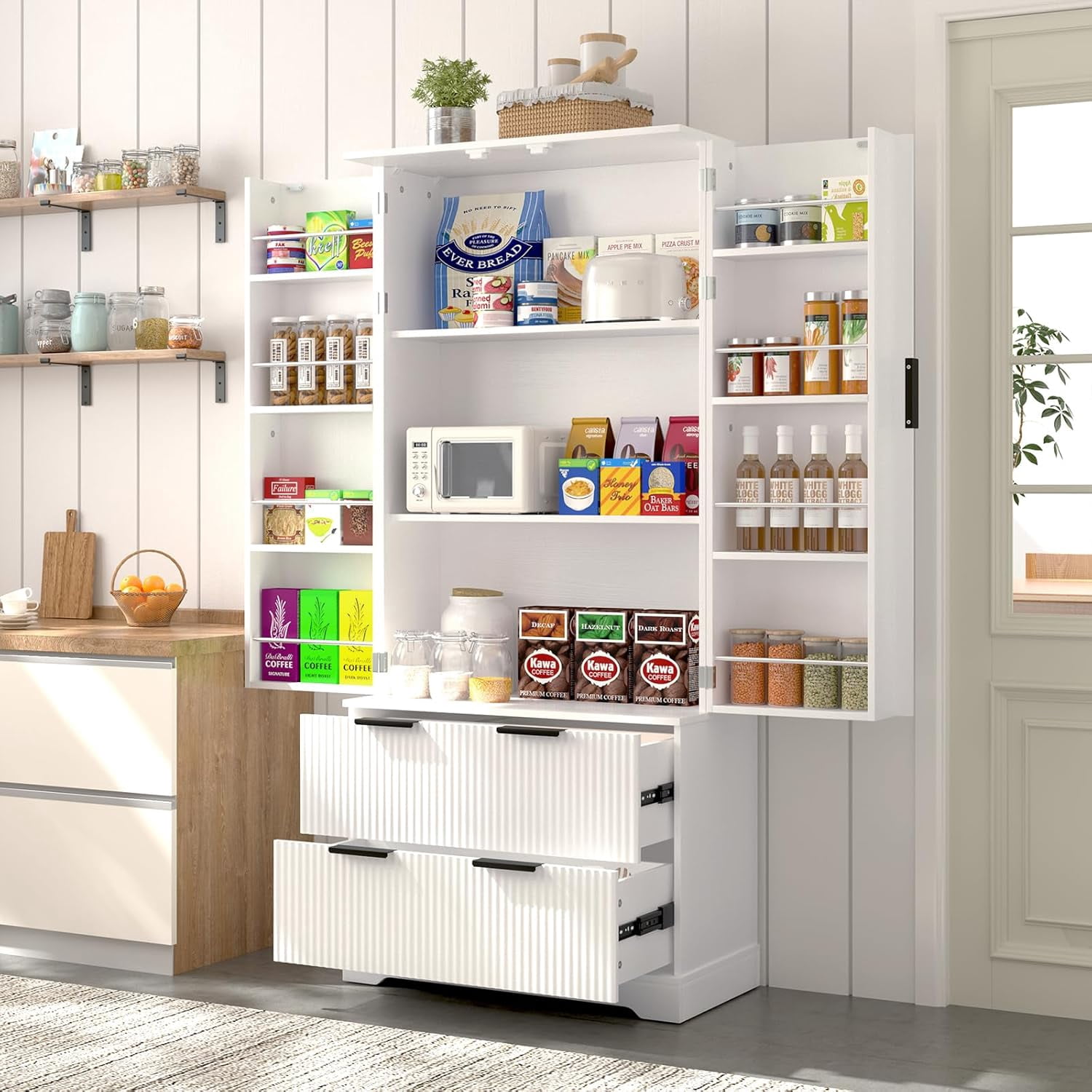 Fluted Pantry Cabinet,Modern Kitchen Hutch,72" Tall Storage Cabinet ...