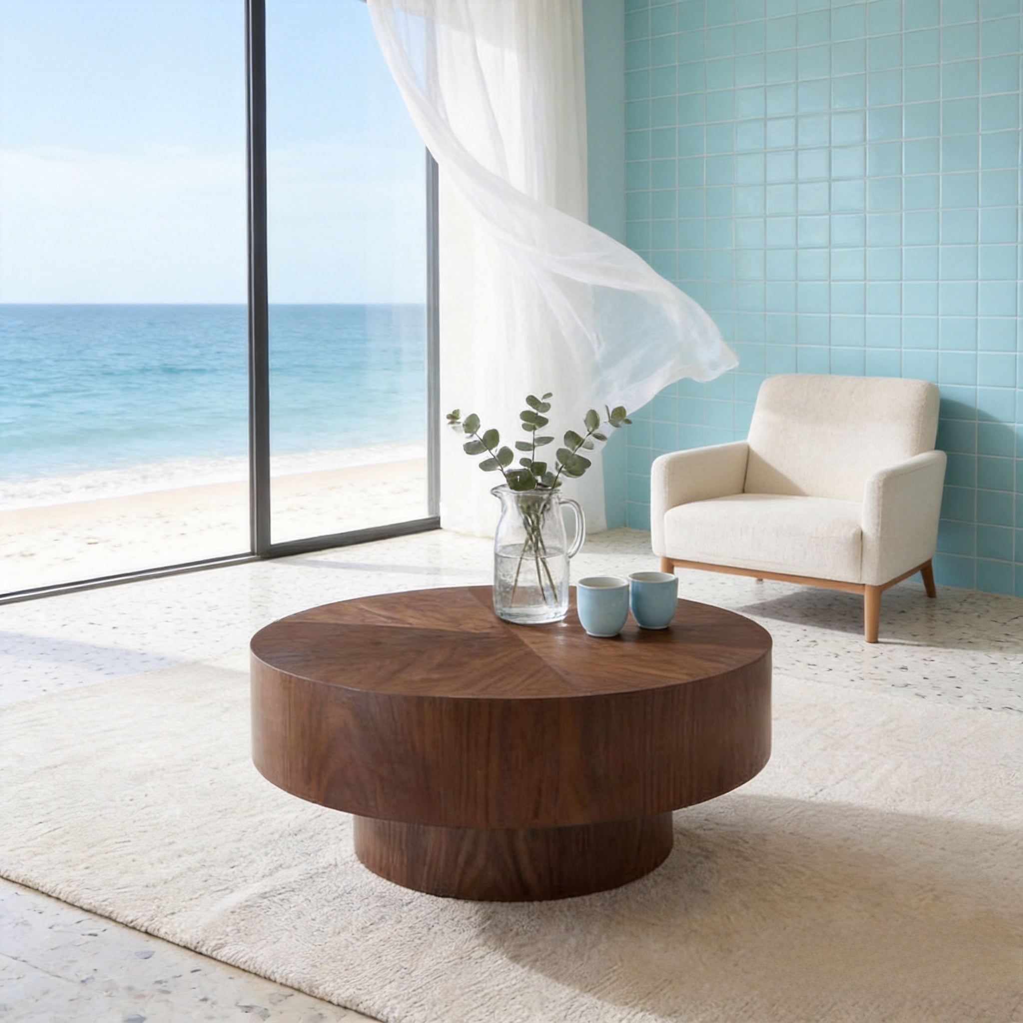 Fluted Round Coffee Table with Pedestal Base, Walnut Ribbed Circular ...