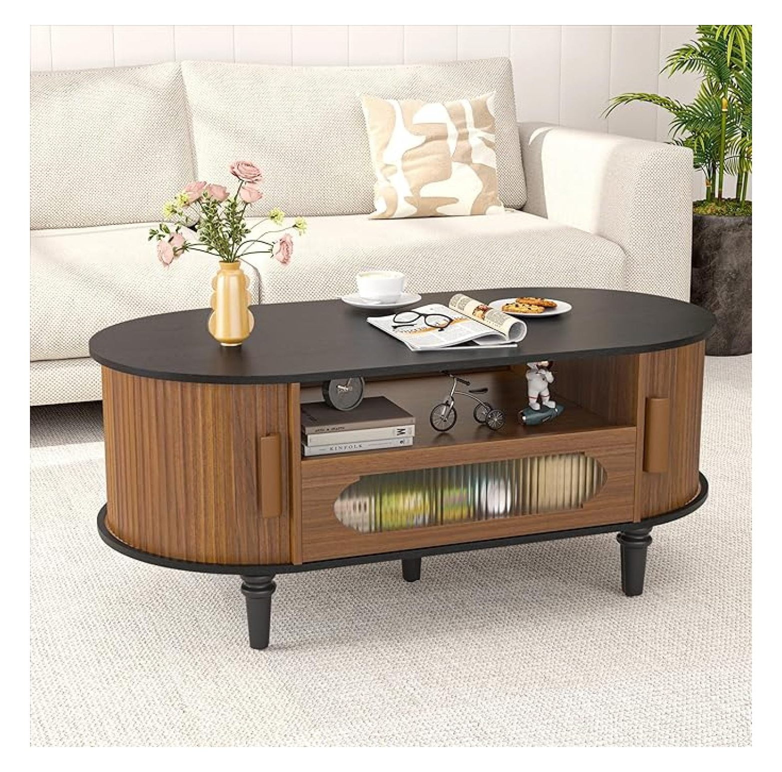 Fluted Round Coffee Table with Storage, Modern Oval Coffee Table with ...