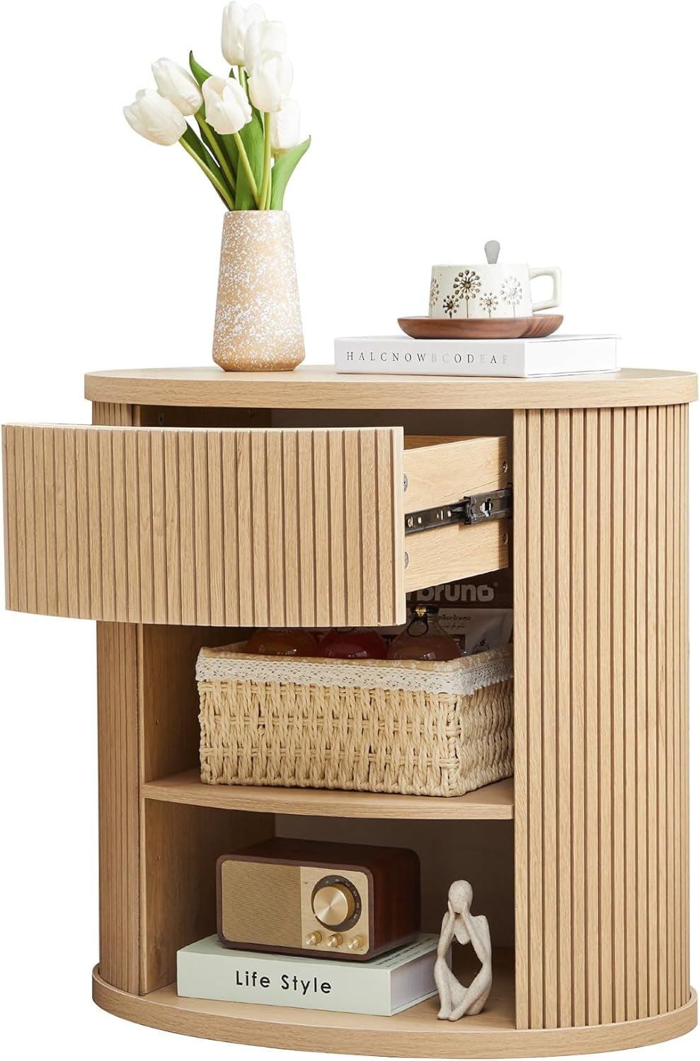 Fluted Round End Table with Storage, Boho Side Table with Drawer and ...