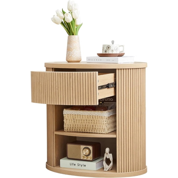 Fluted Round End Table with Storage, Boho Side Table with Drawer and ...